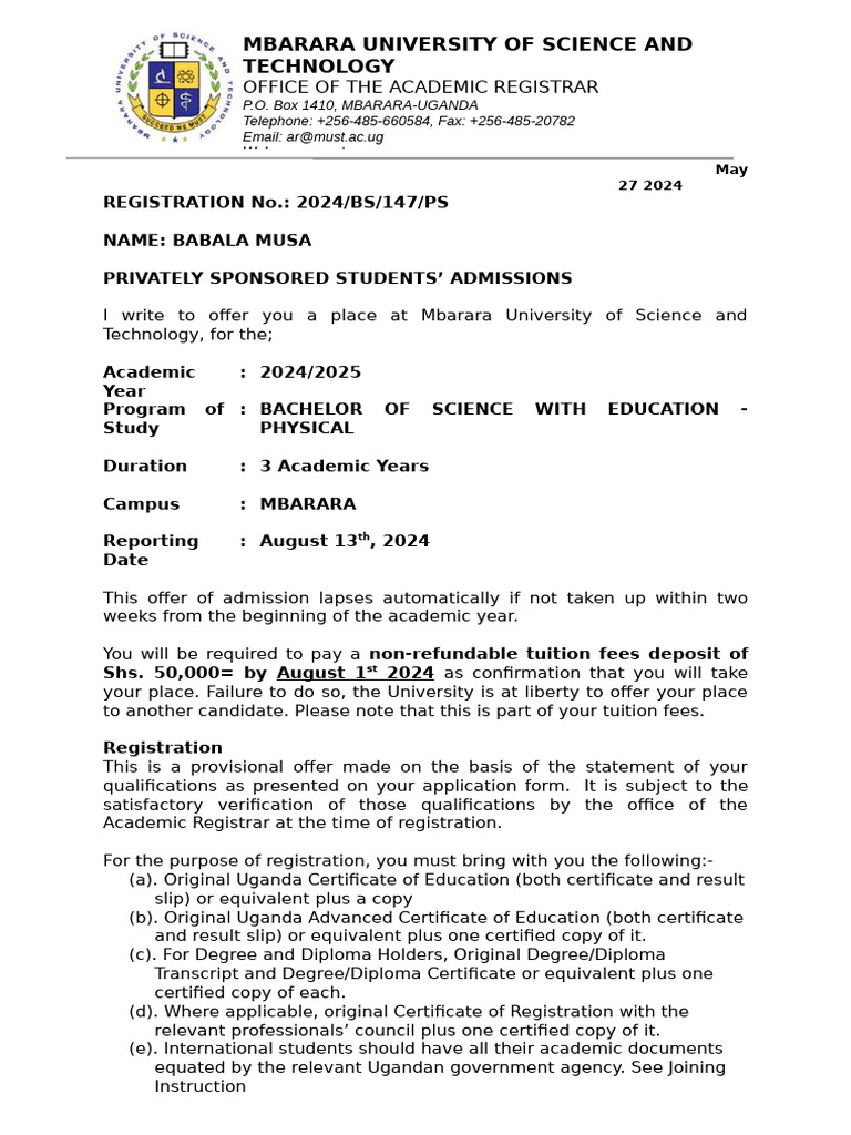 Admissions Letter | PDF | Diploma | Academic Degree