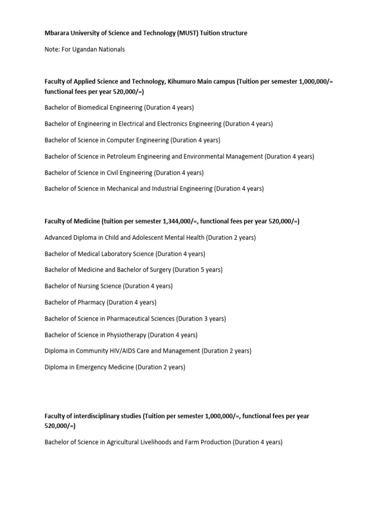 Mbarara University of Science and Technology Tuition Structure | Download Free PDF | Bachelor's ...