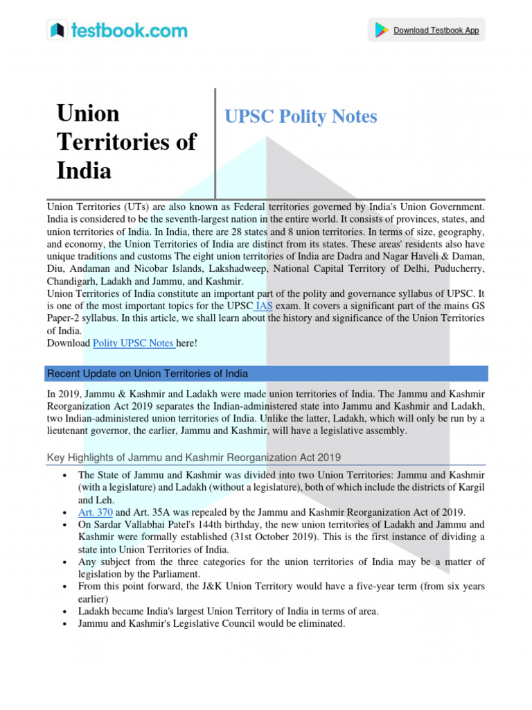 Overview of India's Union Territories | PDF | Government | Governance