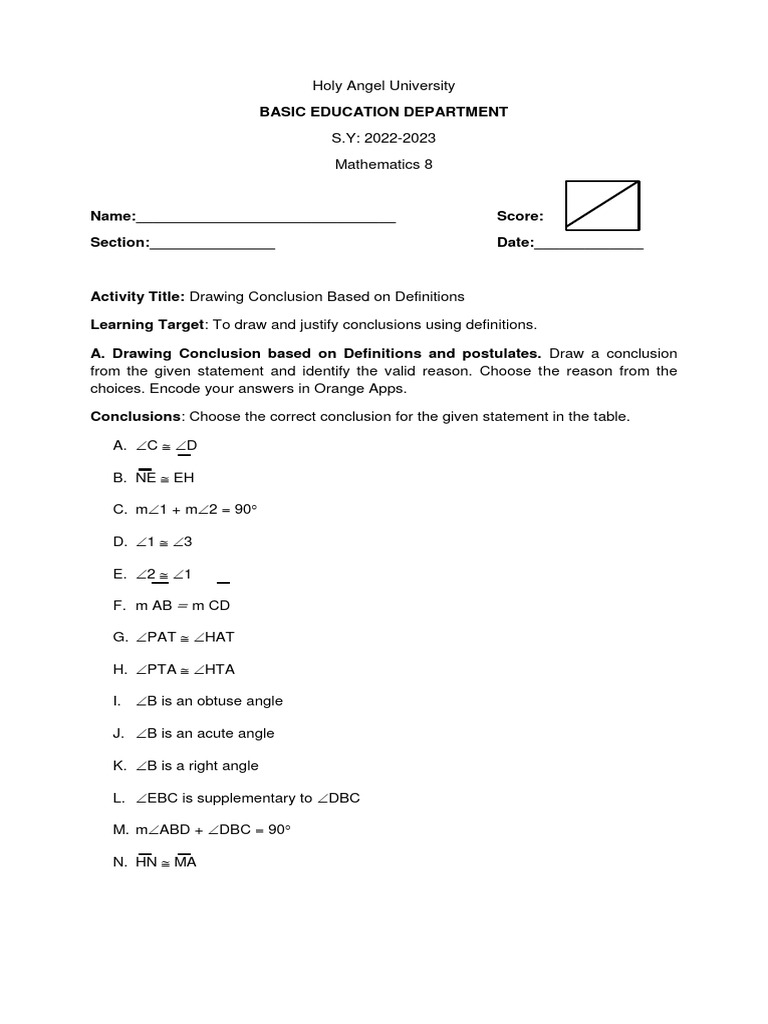 Drawing Conclusion Based On Definitions and Postulates | PDF ...