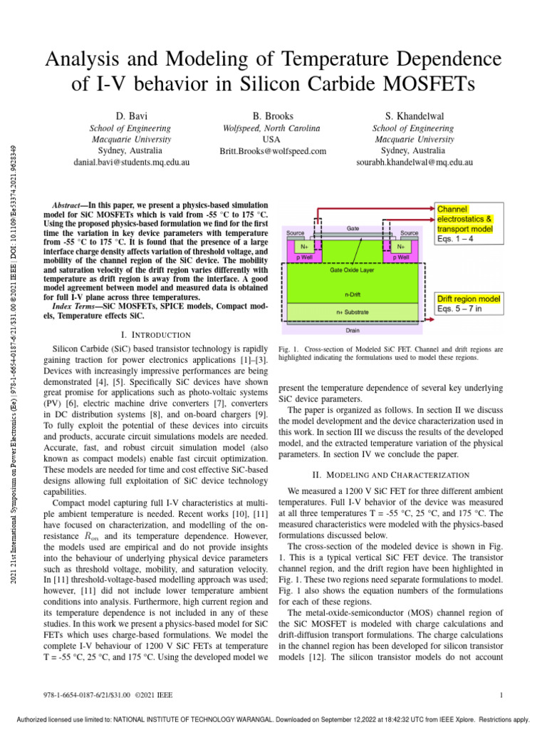 Analysis and Modeling of Temperature Dependence of I-V Behavior in Silicon Carbide MOSFETs | PDF ...