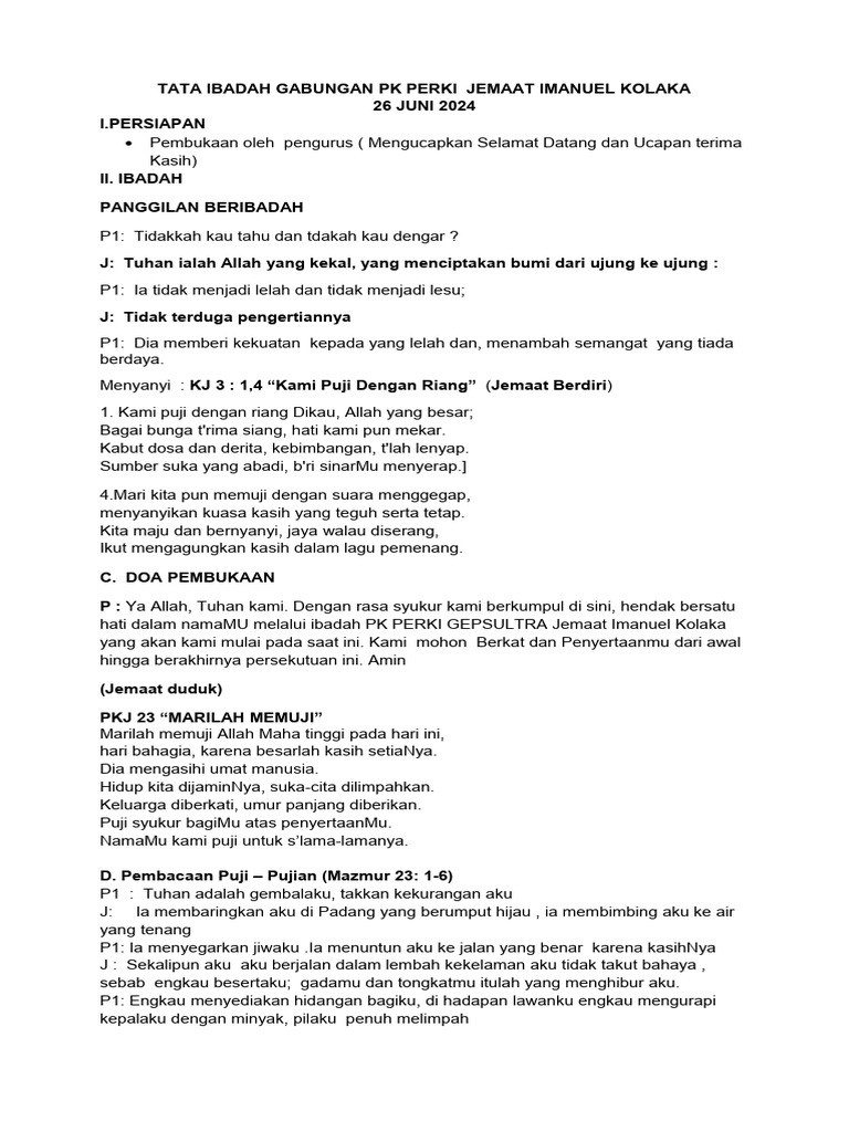 Liturgi Ibadah Gabungan PK PERKI | PDF