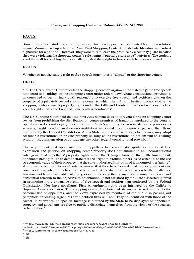 PRUNEYARD SHOPPING CENTER v. ROBINS, 447 US 74 (1980) | PDF | First ...