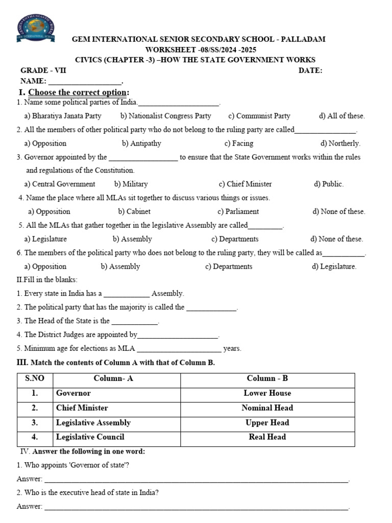 Grade 7 Civics Worksheet | PDF | Governance | Political Charters