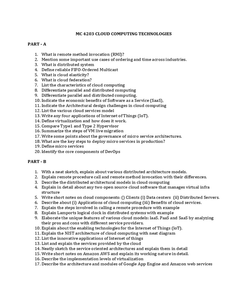 MC 4203 Cloud Computing Technologies Prev QP | PDF | Cloud Computing | Computing