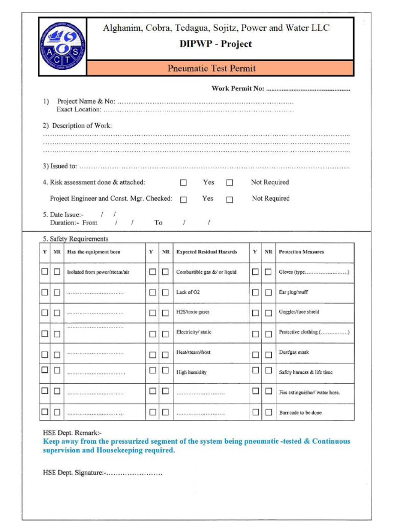 PNEUMATIC Test permit | PDF