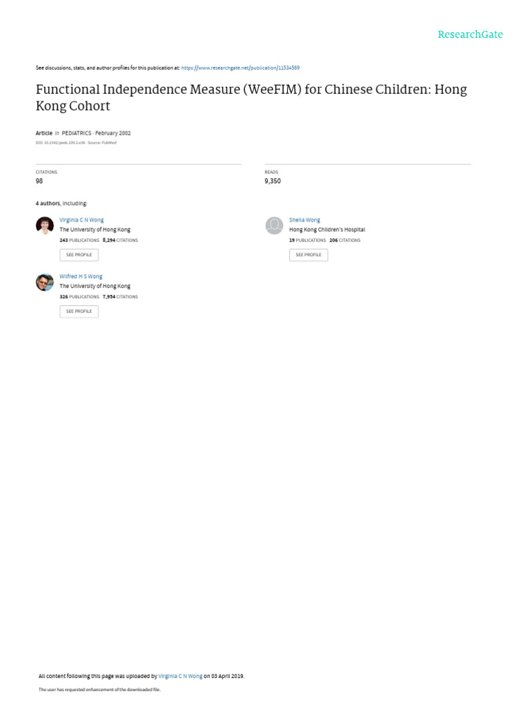 Functional Independence Measure WeeFIM For Chinese | PDF | Disability