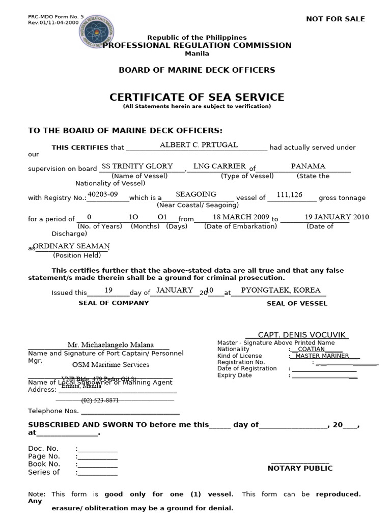 PRC Form For Marine Deck Officer | PDF | Ships | Water Transport