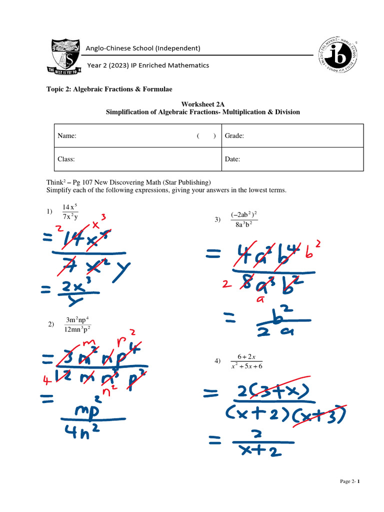 Y2IP 2023 Topic 2 Algebraic Fractions | PDF | Equations | Arithmetic