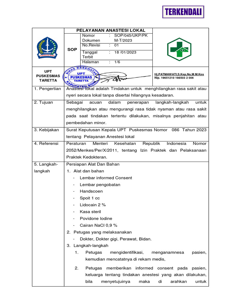 r2 Sop Pelayanan Anastesi Lokal | PDF