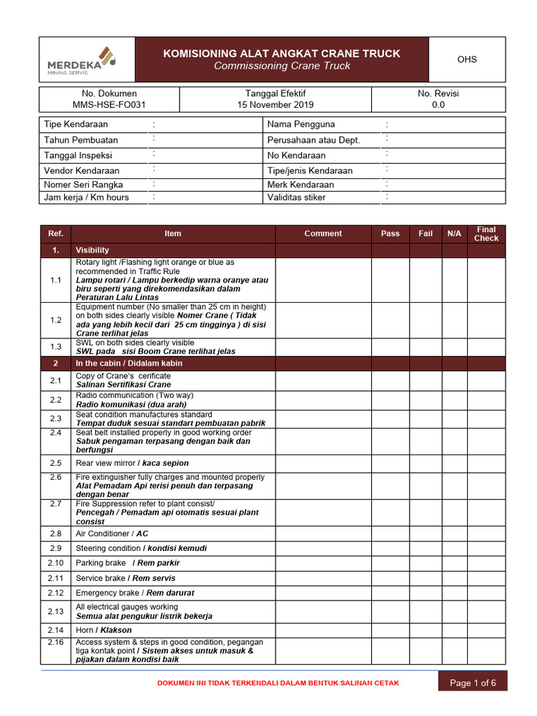 MMS HSE FO031 Commissioning Form For Crane Truck | PDF