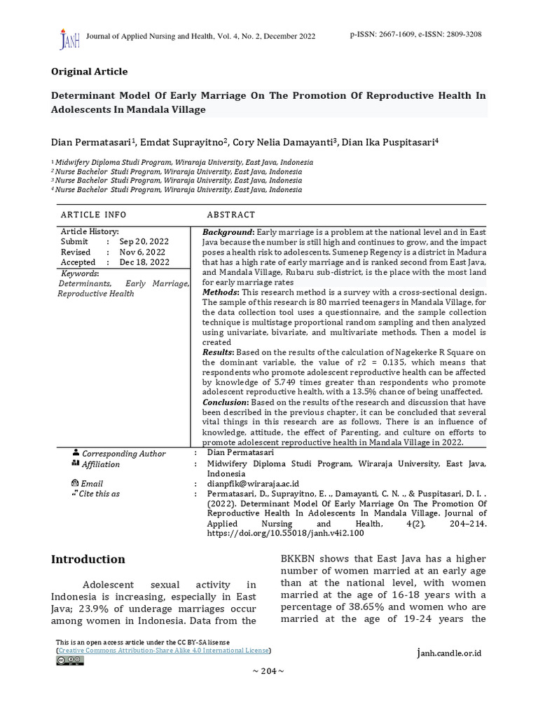 Determinant Model of Early Marriage On The Promotion of Reproductive ...