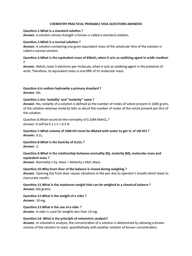Chemistry Practical Viva Questions Guide | PDF | Ammonium | Titration