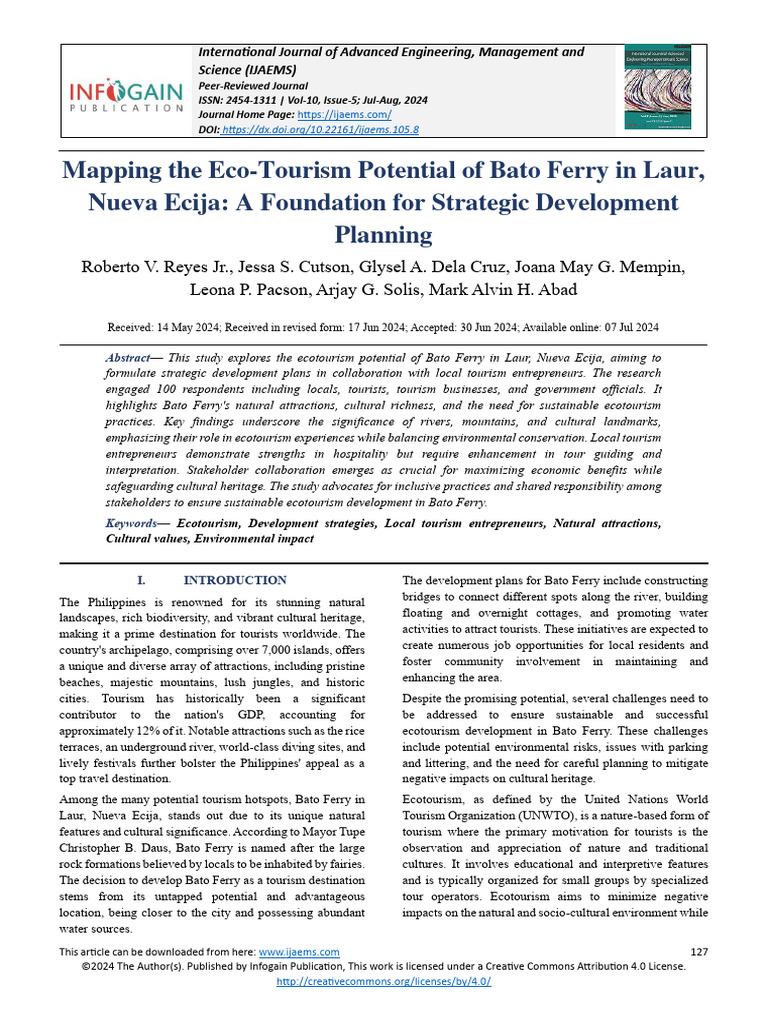 Mapping the Eco-Tourism Potential of Bato Ferry in Laur, Nueva Ecija: A Foundation for Strategic ...