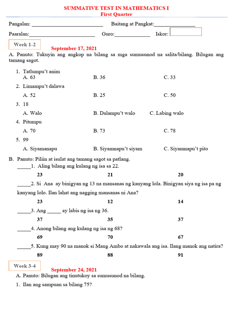 Q1 Math Summative Test | PDF