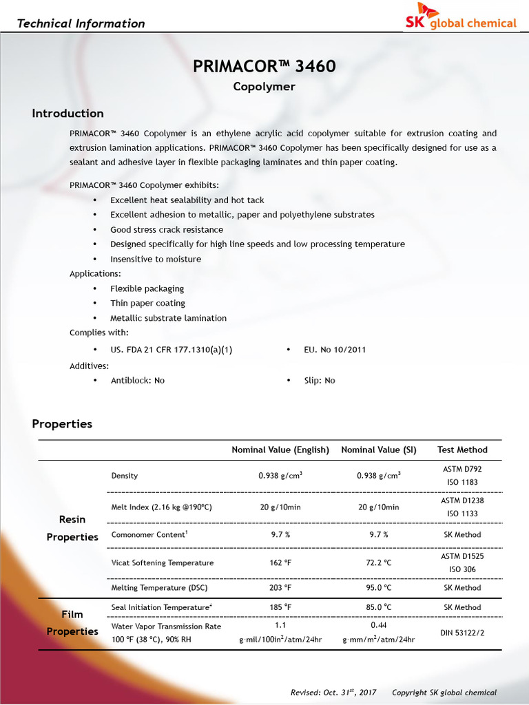 Technical Datasheet PRIMACOR 3460 Eng | PDF | Extrusion | Strength Of ...