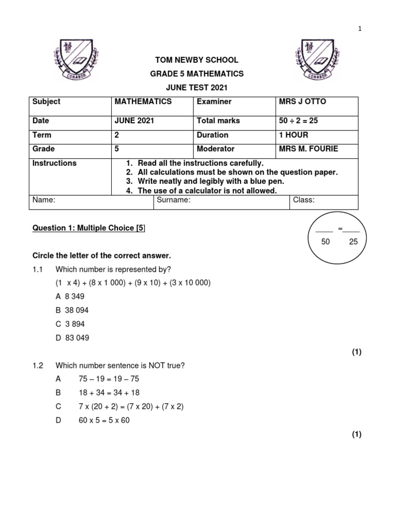 Grade 5 Maths Exam June 2021 | PDF | Mathematics