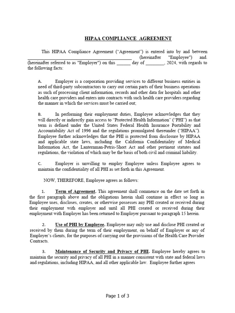 HIPAA Compliance Agreement - Sampleee | PDF | Health Insurance ...