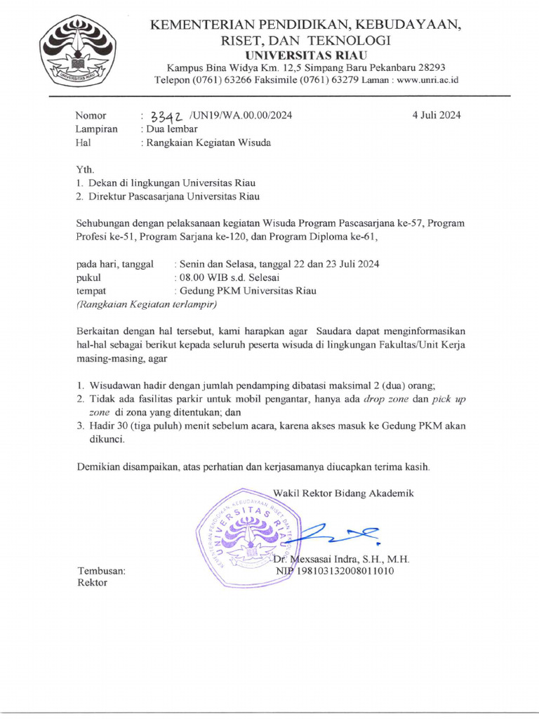 Surat WR 1 ke Dekan dan Direktur PPs Unri perihal rangkaian Wisuda Juli ...
