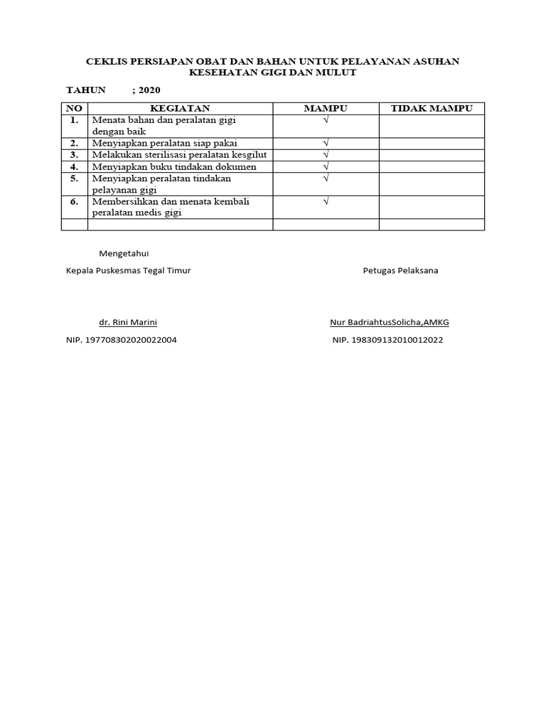 Ceklis Persiapan Obat Dan Bahan Untuk Pelayanan Asuhan Kesehatan Gigi ...