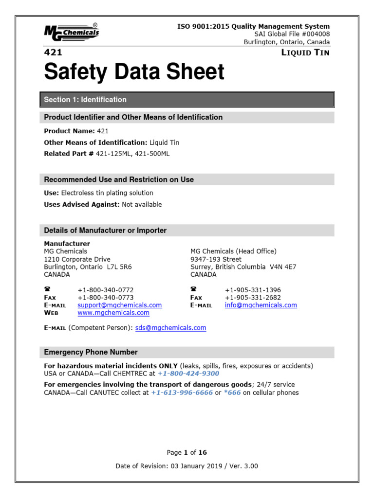 Safety Data Sheet: Section 1: Identification | PDF | Dangerous Goods | Toxicity