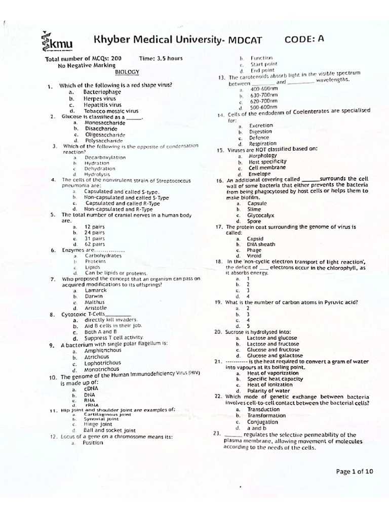Kmu-Mdcat Code A Paper-1 | PDF