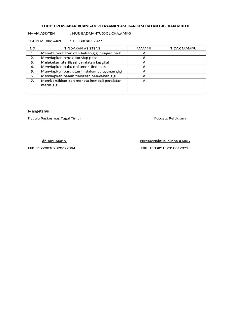 Ceklist Persiapan Ruangan Gigi | PDF