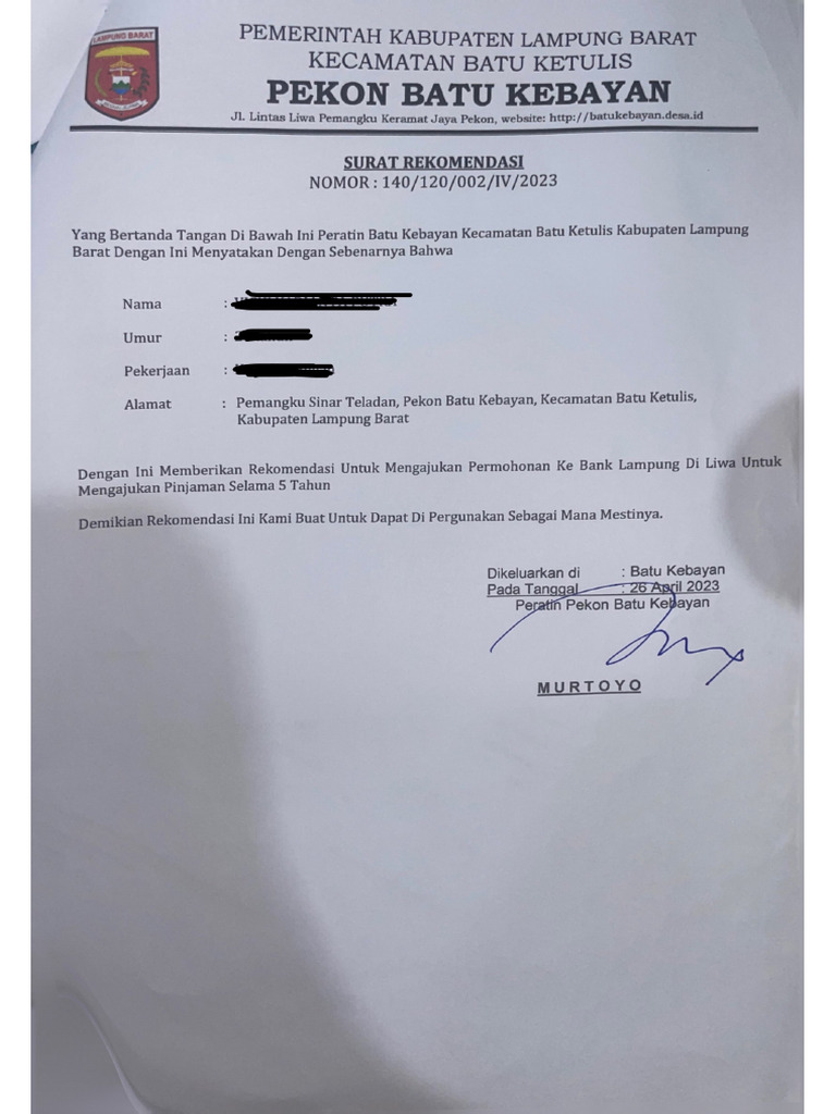 Contoh Surat Rekomendasi | PDF