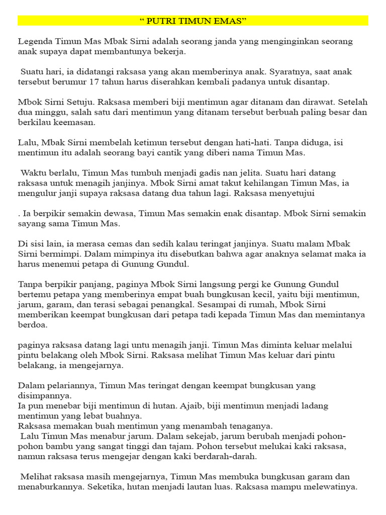 Naskah Cerita Putri Timun Emas | PDF