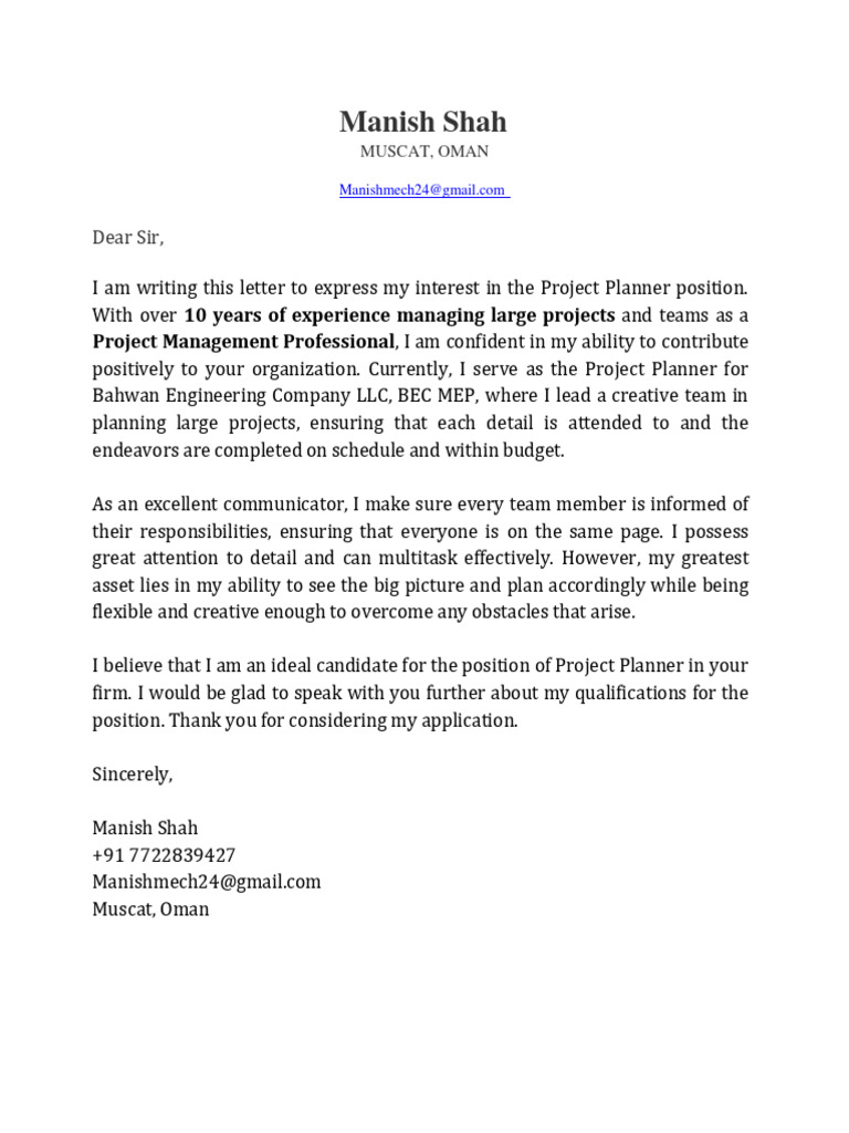 Cover Letter - Manish Shah@PMP | PDF | Business | Art