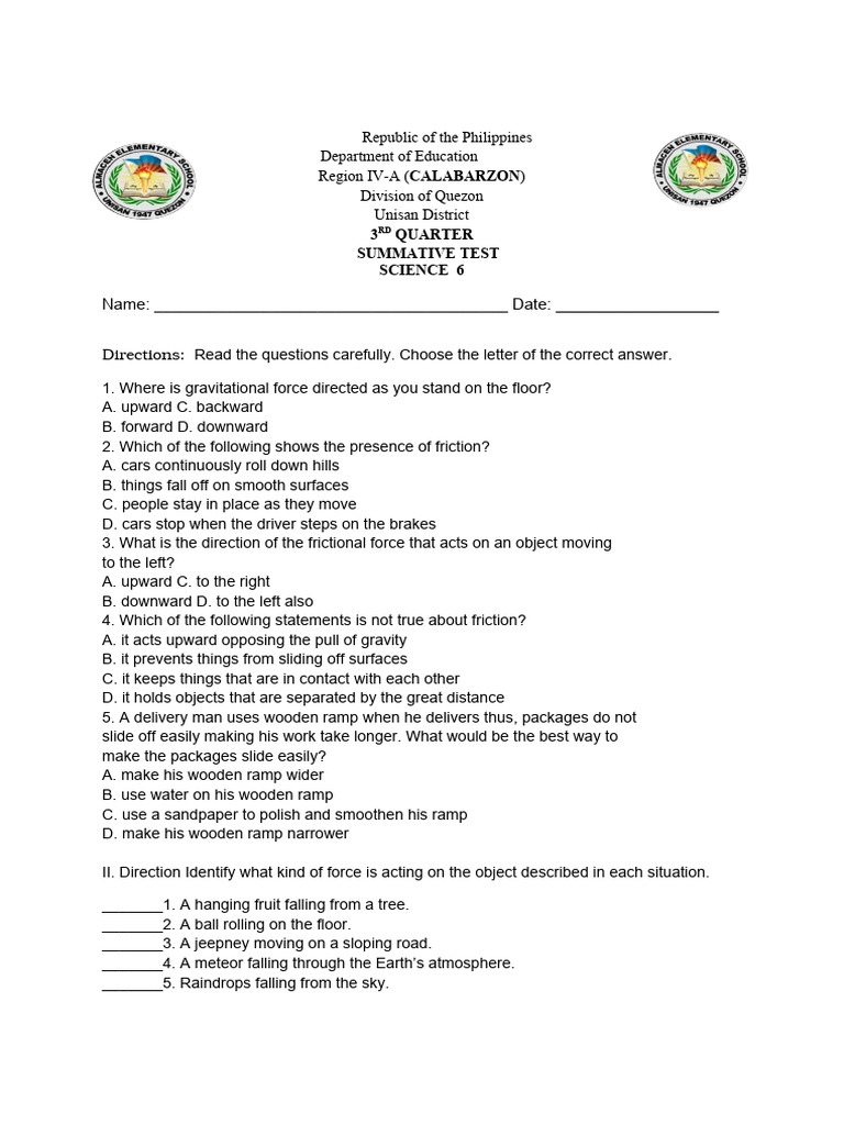 Science 6 Summative Test | PDF | Force | Friction