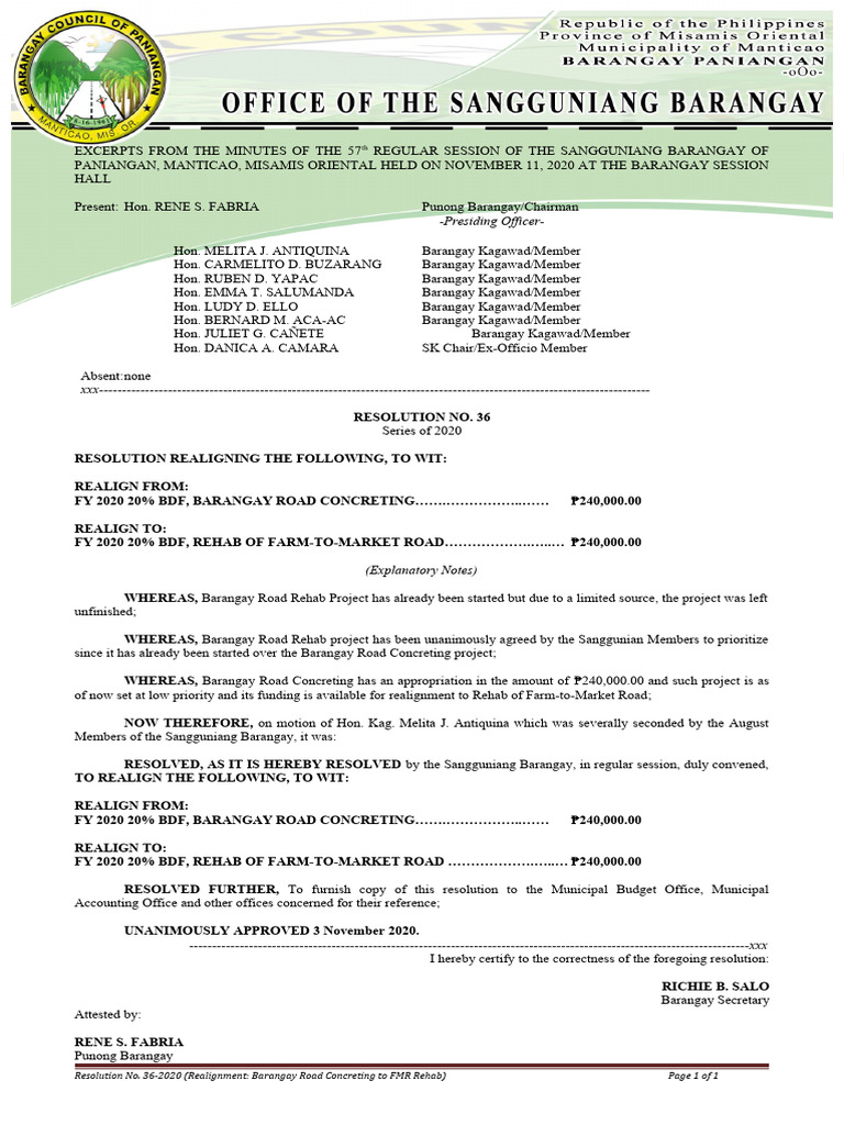 Resolution No. 36-2020 (Realignment To Road Gravellling) | PDF