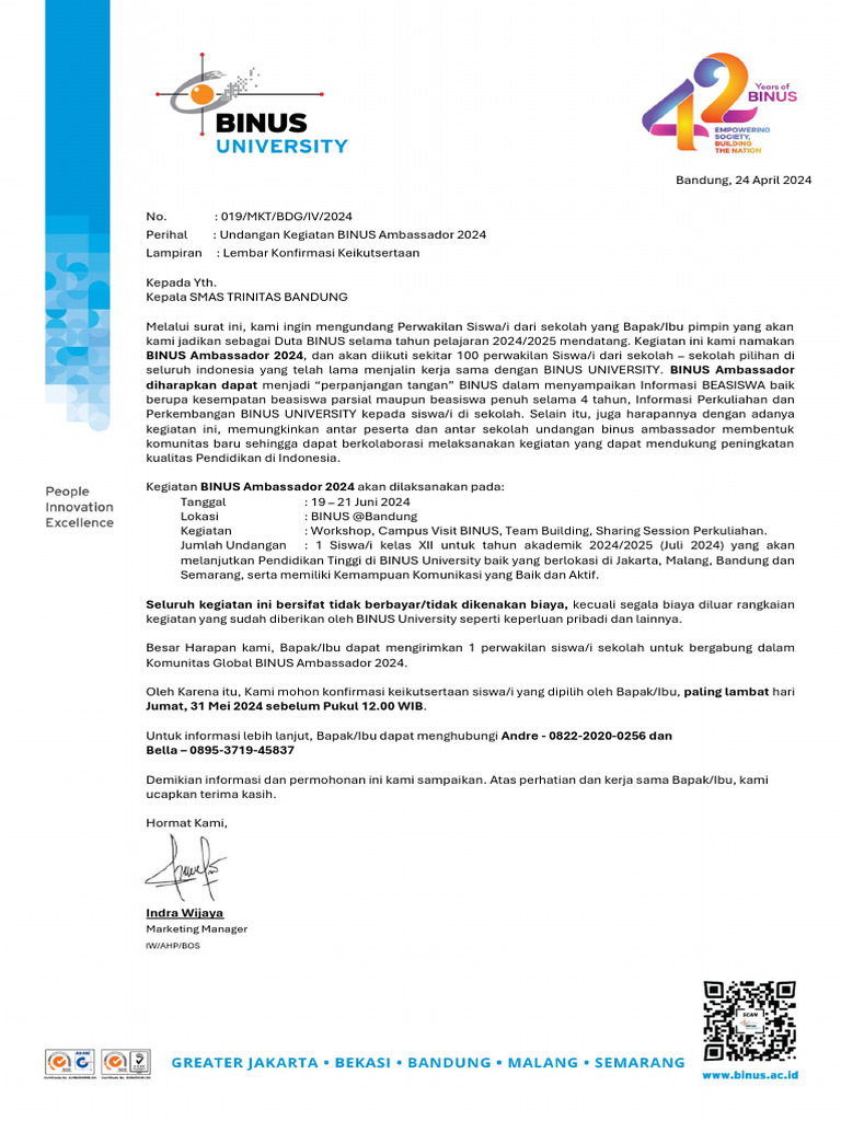 Surat Undangan Binus Ambassador 2024 - Smas Trinitas Bandung | PDF