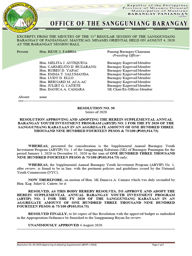 Resolution No. 30-2020 (Approving Supp ABYIP 1 2020) | PDF
