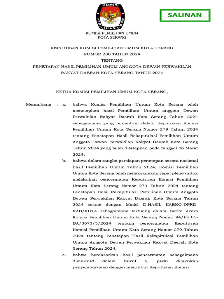 Sk-Pencabutan Kep Kpu Kota Serang Penetapan Hasil Pemilu Dibawah Dapil (Stempel) | PDF