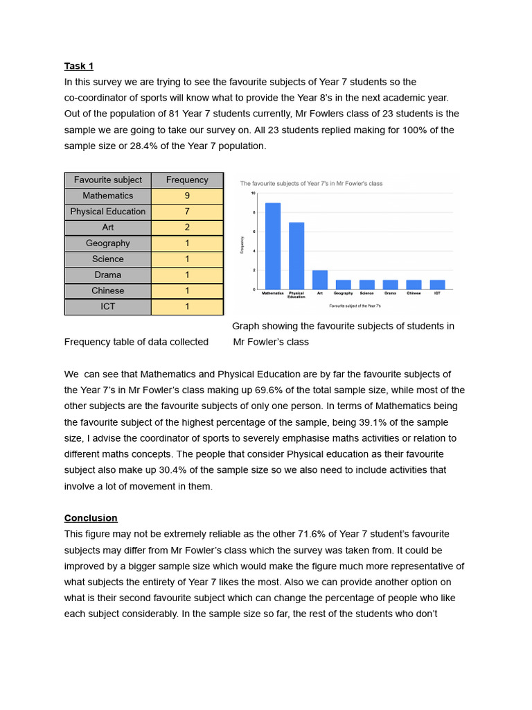 Year 7 Survey: Favorite Subjects & Study Time | PDF | Mean | Sample ...