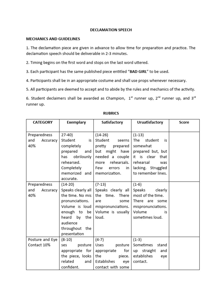 Declamation Speech Mechanics and Guidelines Rubrics 1 | PDF