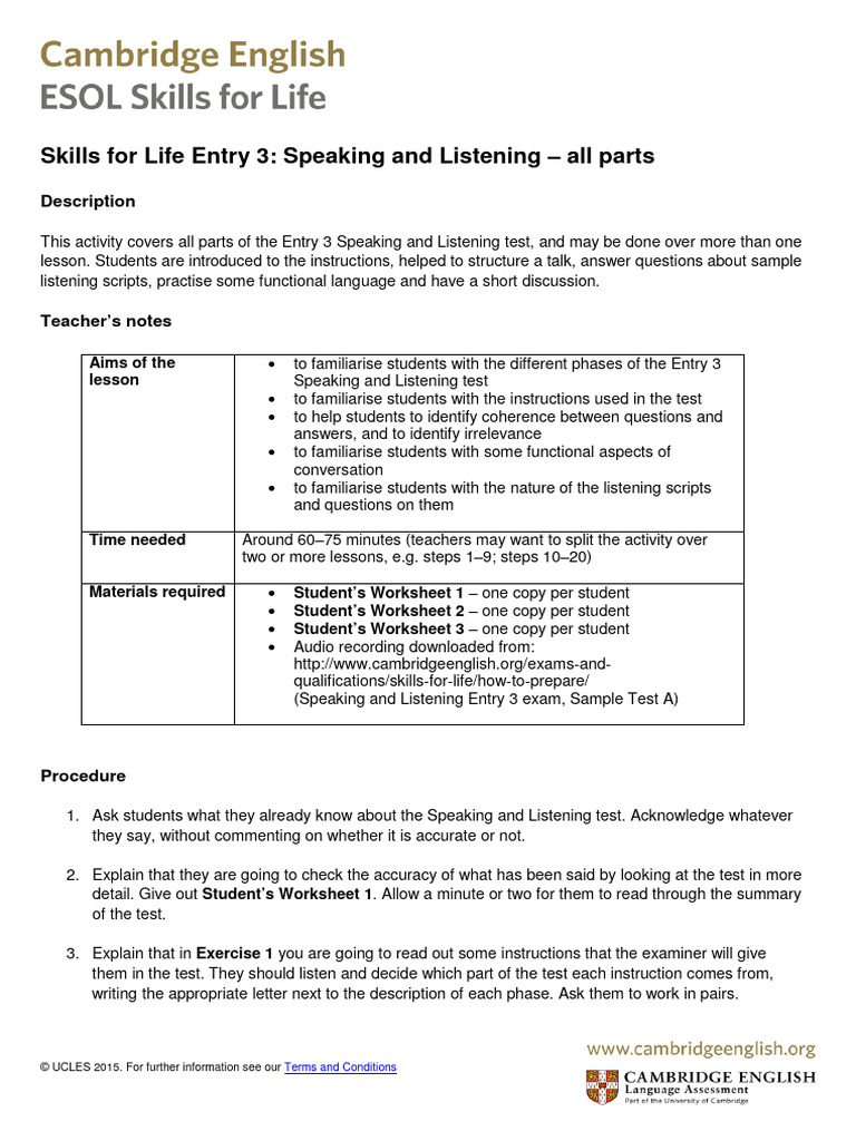 Entry 3 Speaking & Listening Test Guide | PDF | Question | Human ...
