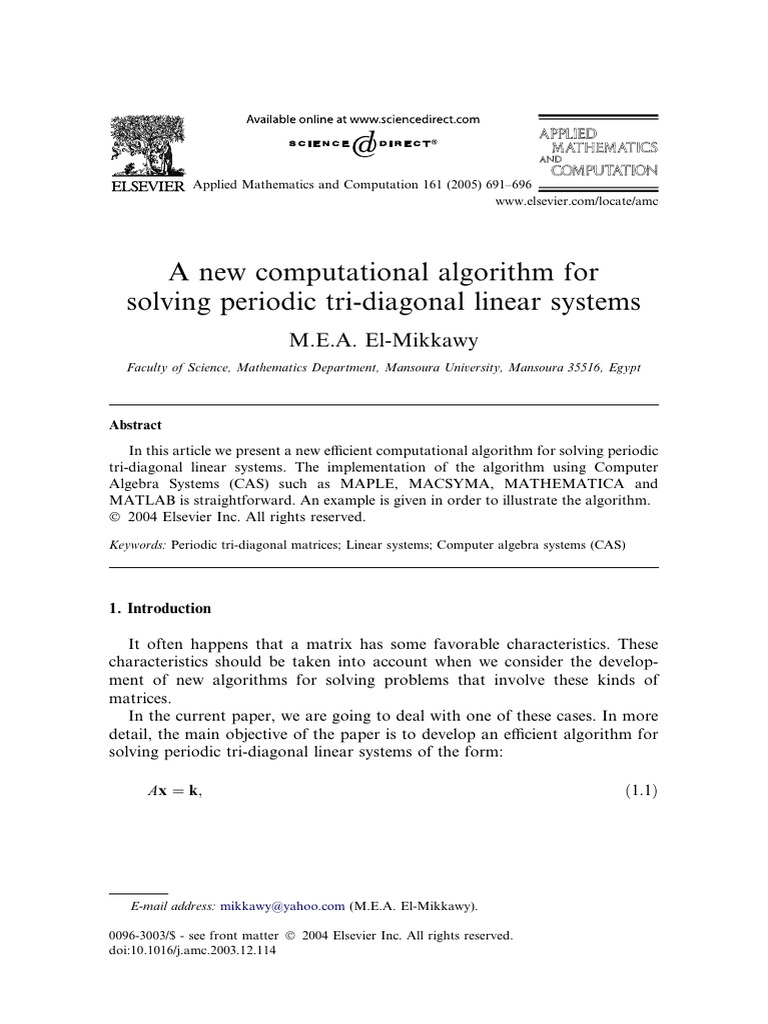 A New Computational Algorithm For Solving Periodic Tri Diagonal Linear Systems Pdf System Of
