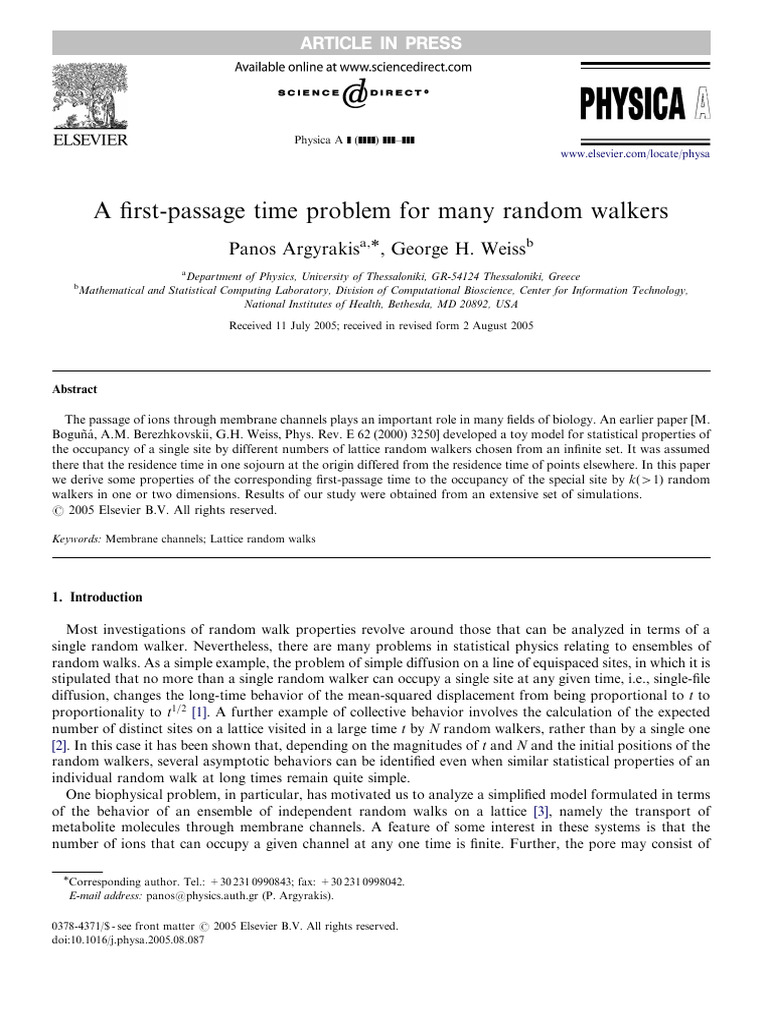 A First-Passage Time Problem For Many Random Walkers | PDF | Diffusion | Physics