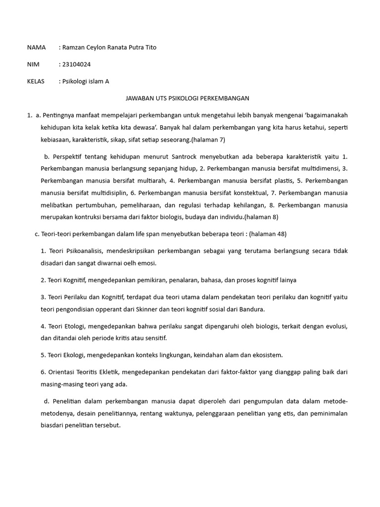 Ramzan Ceylon Tugas UTS Psi. Perkembangan | PDF | Kesehatan Holistik | Sains & Matematika