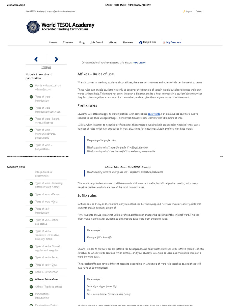 Affixes - Rules of Use - World TESOL Academy | PDF | Word | Verb