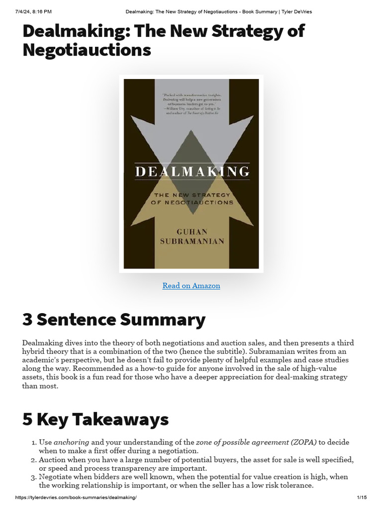 Dealmaking - The New Strategy of Negotiauctions - Book Summary - Tyler ...