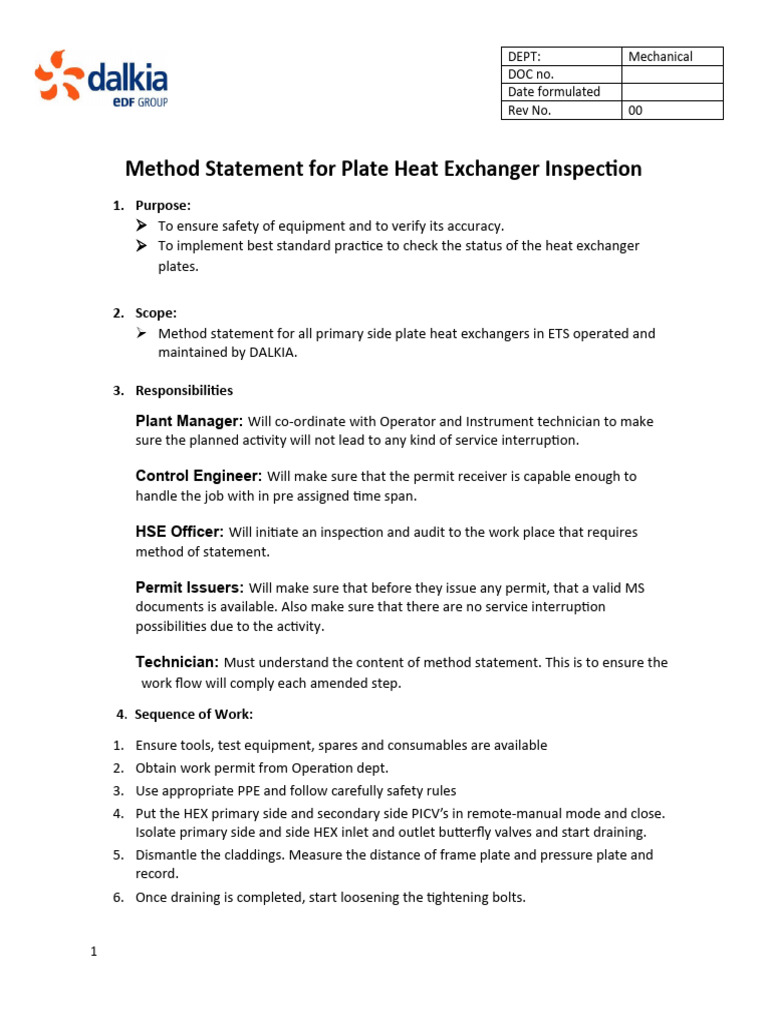 ETS Plate Heat Exchanger Inspection Method of Statement | PDF | Heat ...