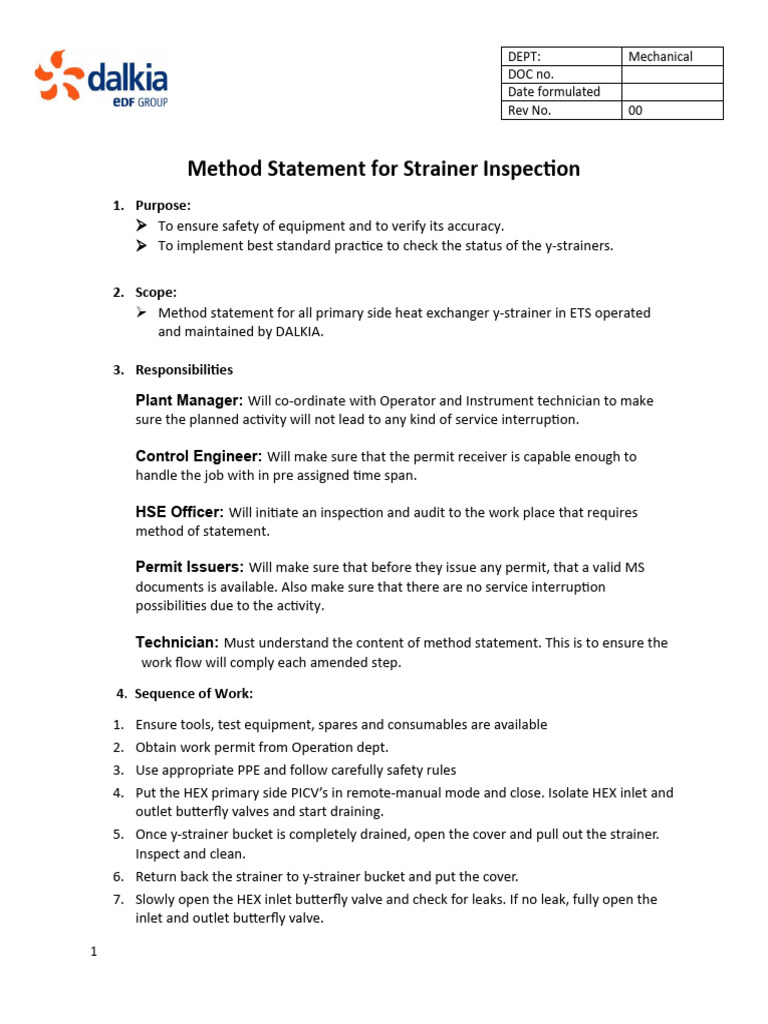 ETS Y-Strainer Inspection Method of Statement | PDF