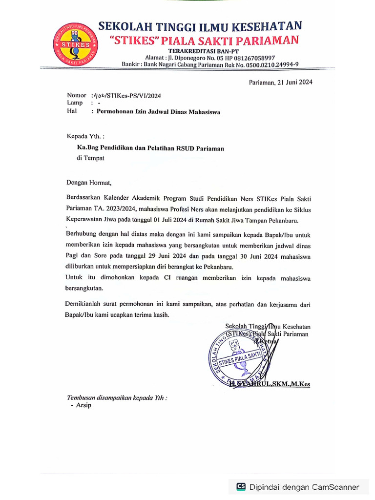 Surat Permohonan Izin Jadwal Dinas Mhs-1 | PDF