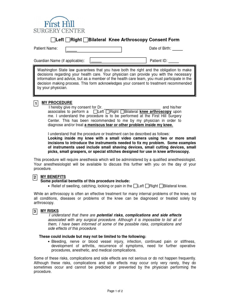 Knee Arthroscopy Informed Consent Form | PDF | Informed Consent ...