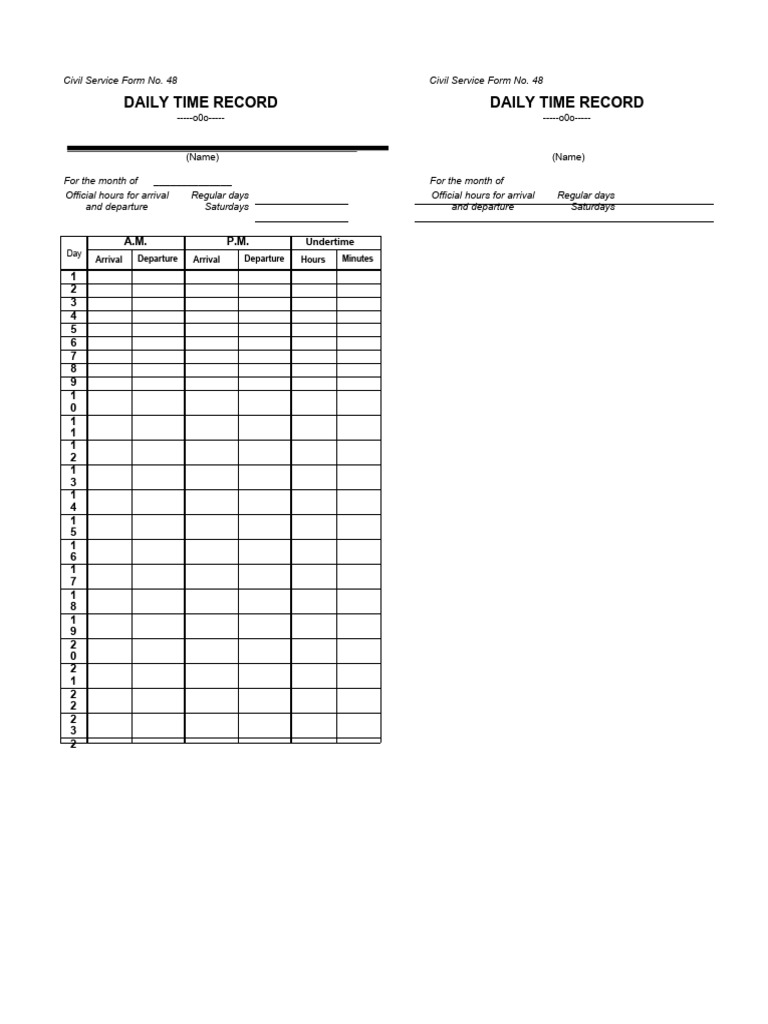 CSC Form No 48 Daily Time Record DTR | PDF