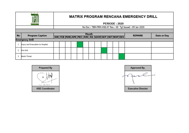 TBM-FRM-HSE-07 Matrik Program Rencana Emergency Drill | PDF