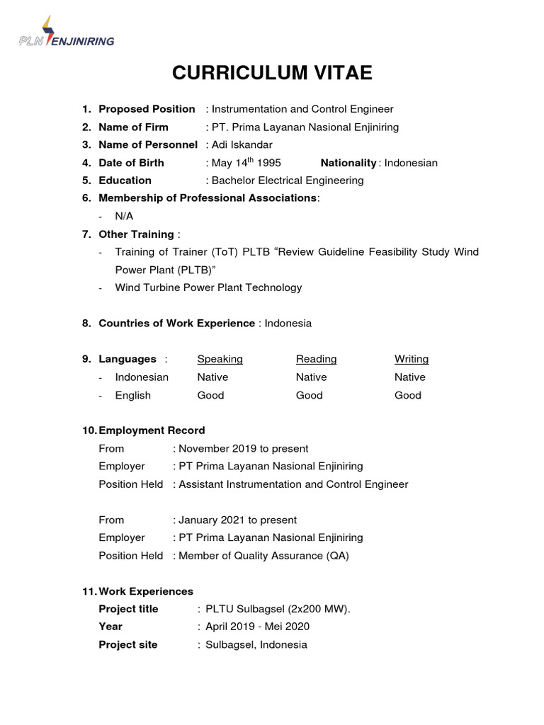 CV Adi Iskandar - 9519066 ZEY PLNE (ENG) | PDF | Electric Power | Power (Physics)